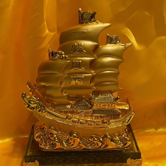 Art | Feng Shui Golden Lucky Dragon Ship Sailing Boat Statue Home ...